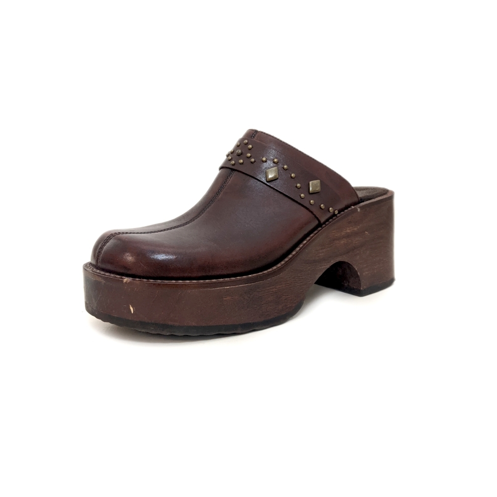 Brown Leather Chunky Wood Platform Studded Boho Clogs… - Gem